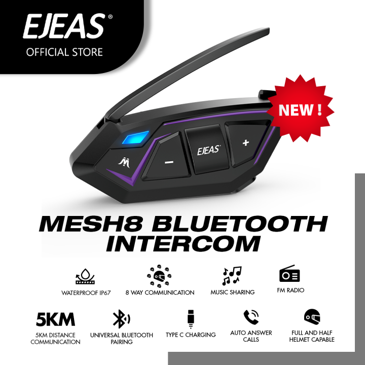EJEAS Mesh8 Motorcycle Intercom Helmet Headset Bluetooth 5.1 Quick Pair ...
