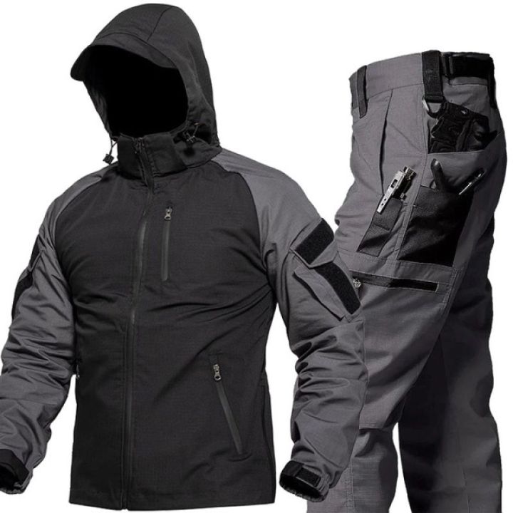 Outdoor Hooded Sets Men Multi-pocket Waterproof Jackets+Wear-resistant ...