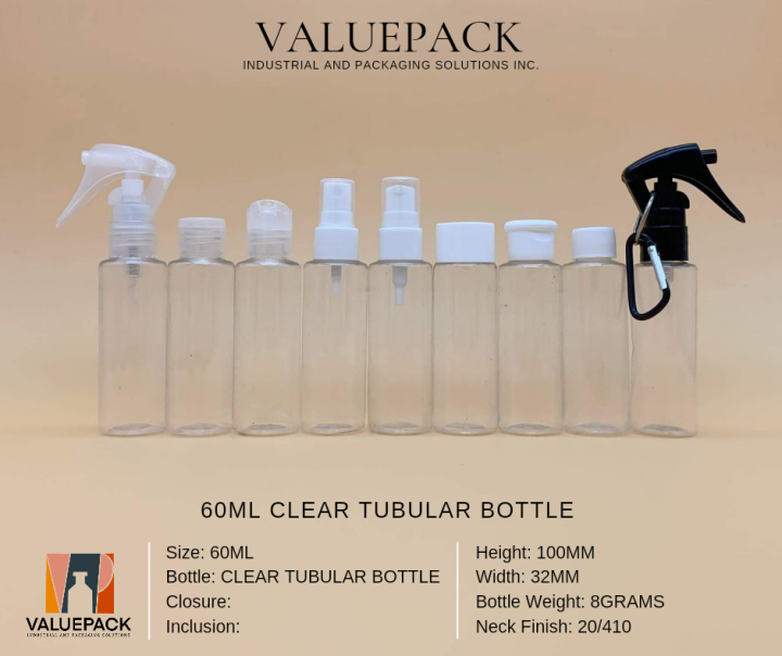 60ML CLEAR TUBULAR BOTTLE + MIST SPRAY, FLIPTOP CAP. TONER CAP, SCREW ...
