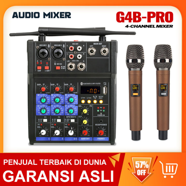 Mixer Audio Profesional G4B-PRO mixer kecil 4 saluran Mikrofon nirkabel UHF bawaan 2 mikrofon ...