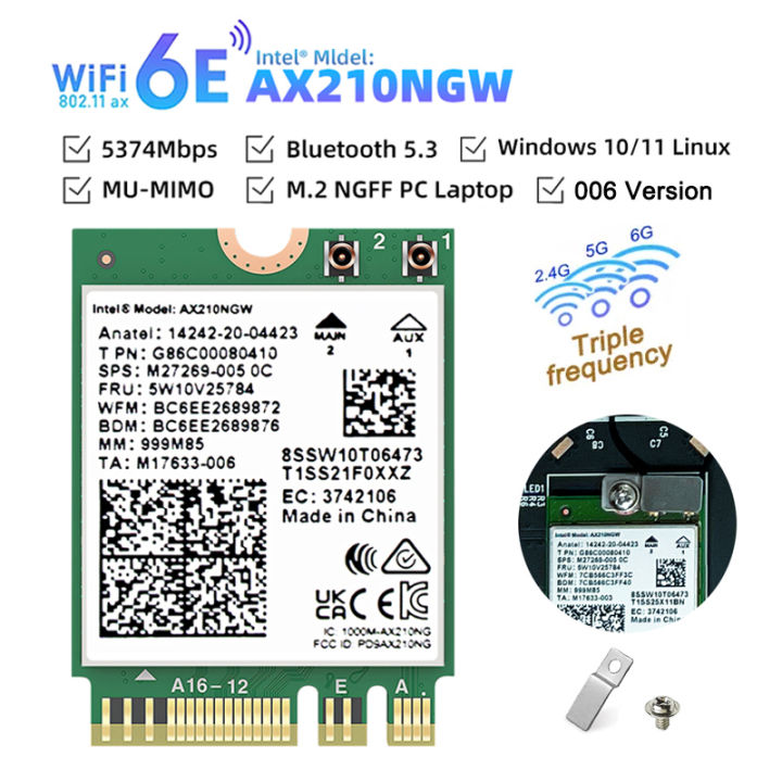 WI-FI 6E Bluetooth 5.3 Intel AX210 Dual Band 5374Mbps M.2 Wireless Card AX210NGW 2.4G/5G/6G 802 ...