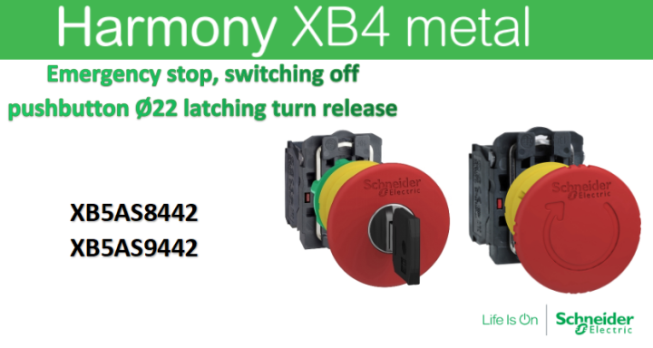 SCHNEIDER XB5AS8442 XB5AS9442 Red Ø40 Emergency stop, switching off pushbutton Ø22 latching turn ...