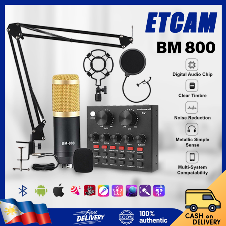 ETCAM microphone for videoke with condenser set mic v8 complete set original bm800 mic with ...
