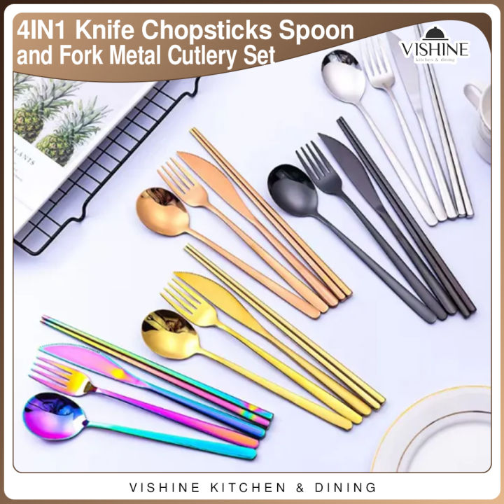 VISHINE 4IN1 Knife Chopsticks Spoon & Fork Cutlery Set Stainless Steel ...