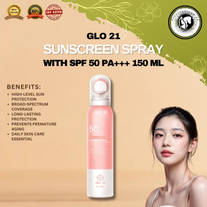 GLO21 Sunscreen Spray Spf 50 Pa+++ All Day Light Sunblock Mist Face and Body Skin Care 150ml ...
