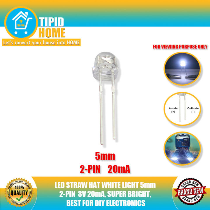 LED STRAW HAT WHITE LIGHT 5mm 2-PIN 3V 20mA, SUPER BRIGHT, BEST FOR DIY ...