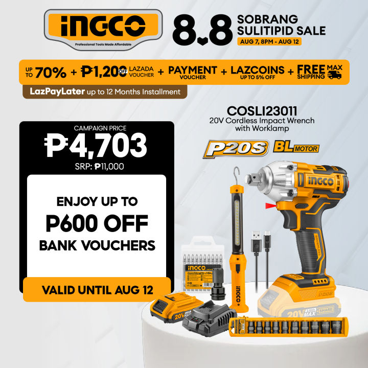 Ingco 20V Lithium-Ion Cordless Impact Wrench Brushless Motor CIWLI2038 ...