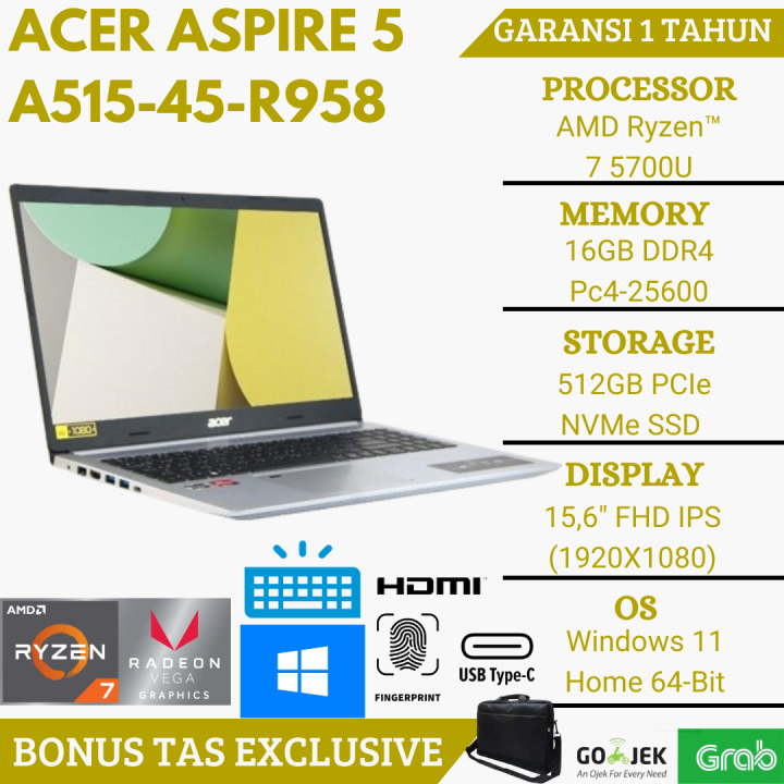 LAPTOP ACER ASPIRE 5 R958 AMD RYZEN 7 RAM 16GB SSD 512GB 15.6"FHD IPS ...