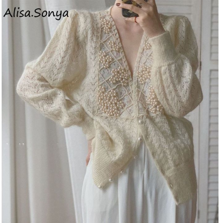Alisa.Sonya Women's Open Front Pearl Beading Lantern Sleeve Sweater ...