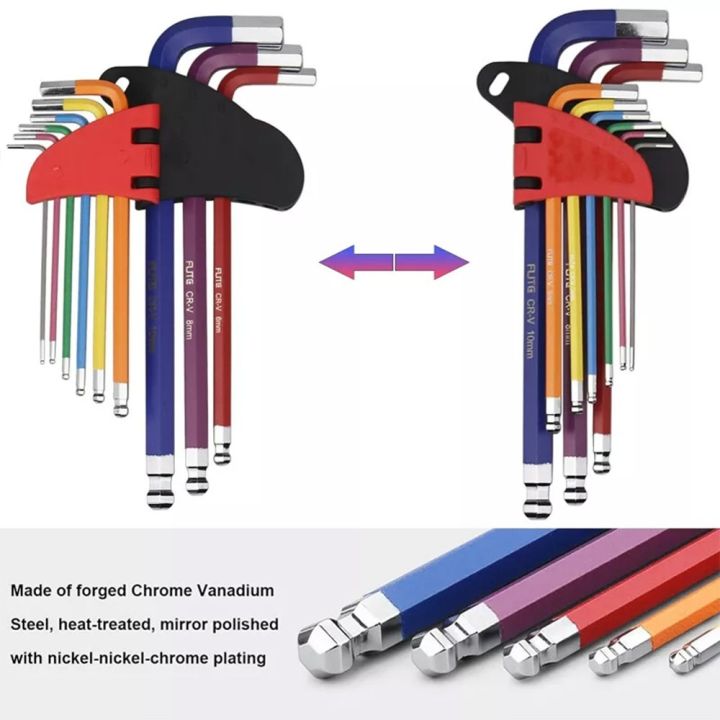 9x Allen Key Set Hex Metric Ball End Long Folding Colour Coded Design ...
