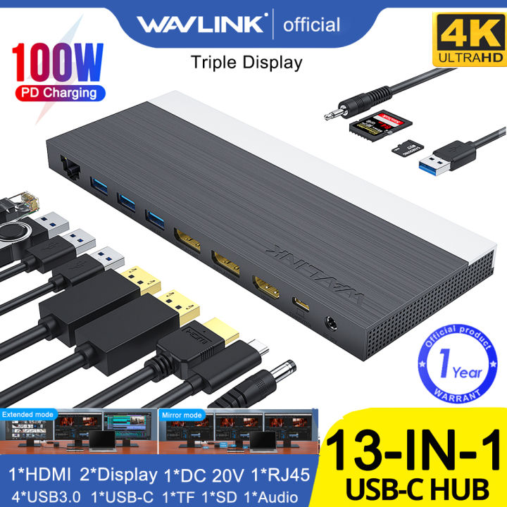 Wavlink 13 in 1 USB C HUB 100W PD Charging Triple 4K HDMI Display type ...