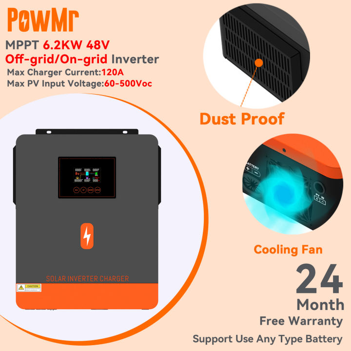 PowMr 6.2kw อินเวอร์เตอร์ไฮบริดแบบ On-grid /Off-grid 48Vdc PV อินพุต 500vdc Pure Sine Wave Solar ...