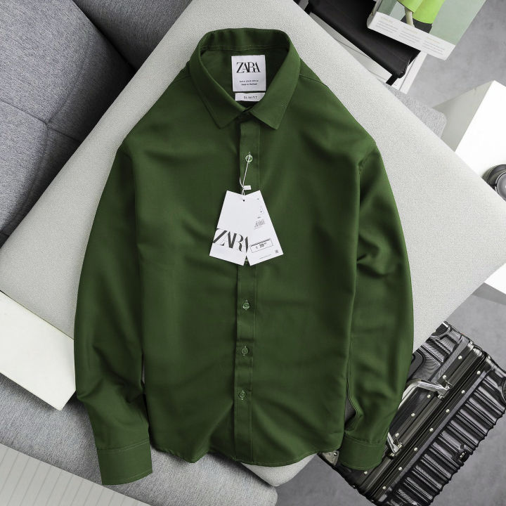 Áo sơ mi nam dài tay ZARA màu XANH RÊU LÍNH vải lụa cao cấp chống nhăn ...
