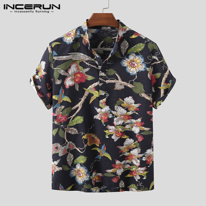 INCERUN Mens Floral Print Short Sleeve Button Up Tops Shirt Casual ...
