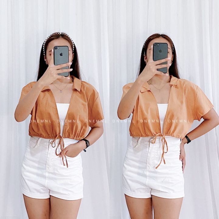 Dnemnlph Mara Collar Polo Tie Crop Top Trendy Korean Bangkok Cover