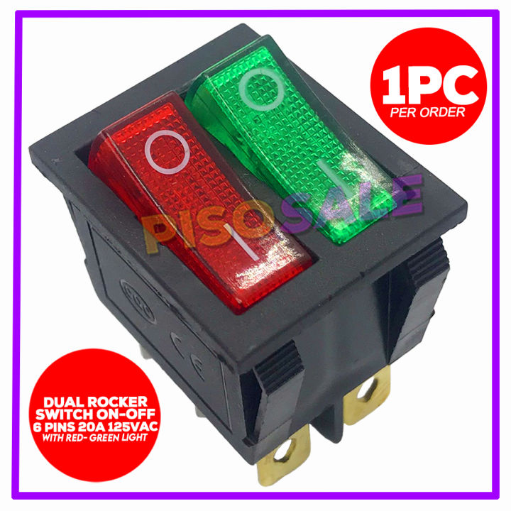 6-Pins 20A 125VAC Dual Rocker Switch with GREEN-RED Light ON-OFF Heavy ...