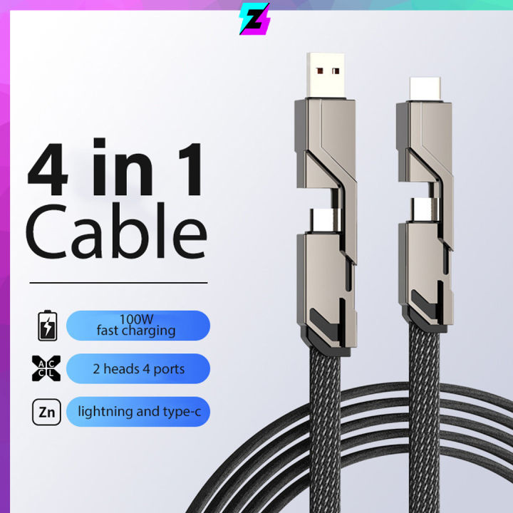 Z Tech 100W 4 in 1 Fast Charging USB Cable Type-C Lightning USB 1 meter ...