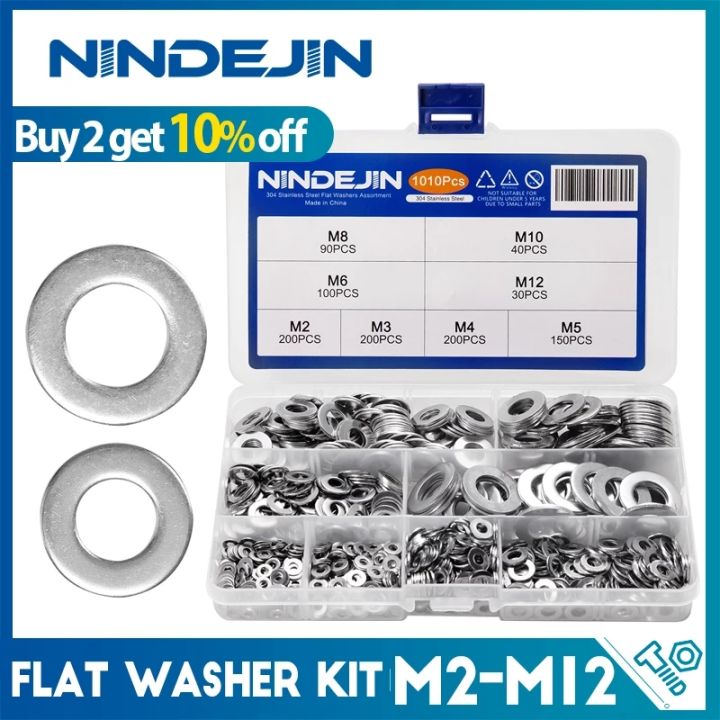 NINDEJIN 1010pcs/620pcs Flat Washer Set M2 M3 M4 M5 M6 M8 M10 M12 Stainless Steel Washer Flat ...