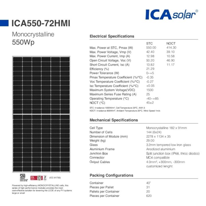 TKDN Solar Panel Surya ICA Solar 550Wp SNI Monocrystaline Half Cell MBB ...
