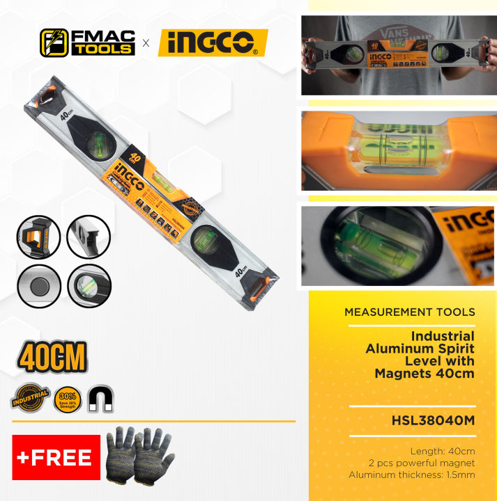 INGCO Industrial Aluminum Spirit Level with Magnets 40cm HSL38040M ...