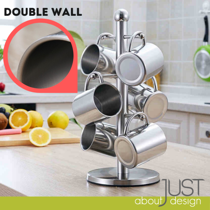 Cawan Set Mug Holder Stainless Steel 6 Cup Stand Shelves Set Storage ...