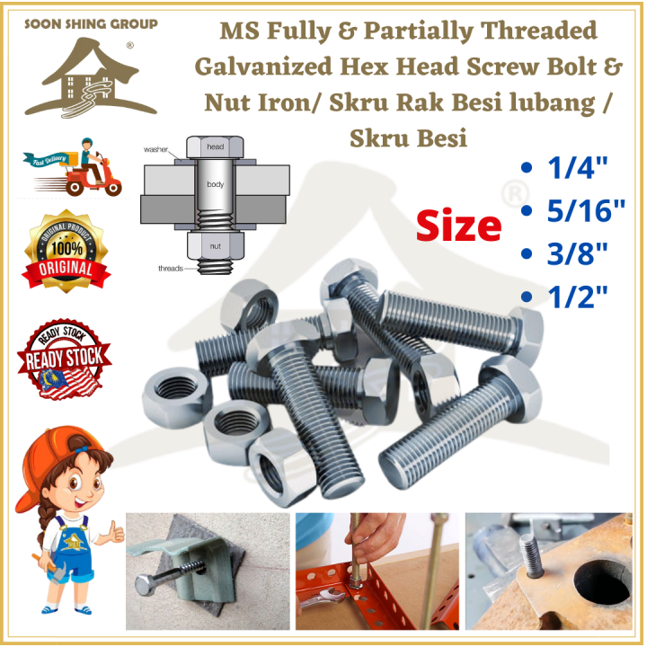 1/4" 5/16" 3/8" 1/2" MS Partially Threaded Galvanized Hex Head Screw ...