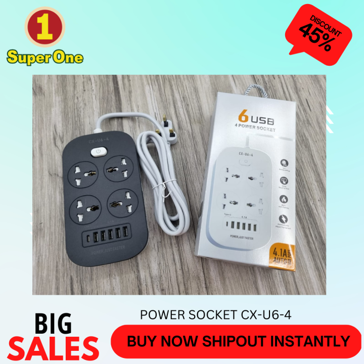 Fast Charge Extension Cable 4 Power Socket with 5 USB Port 1 Type C CX ...