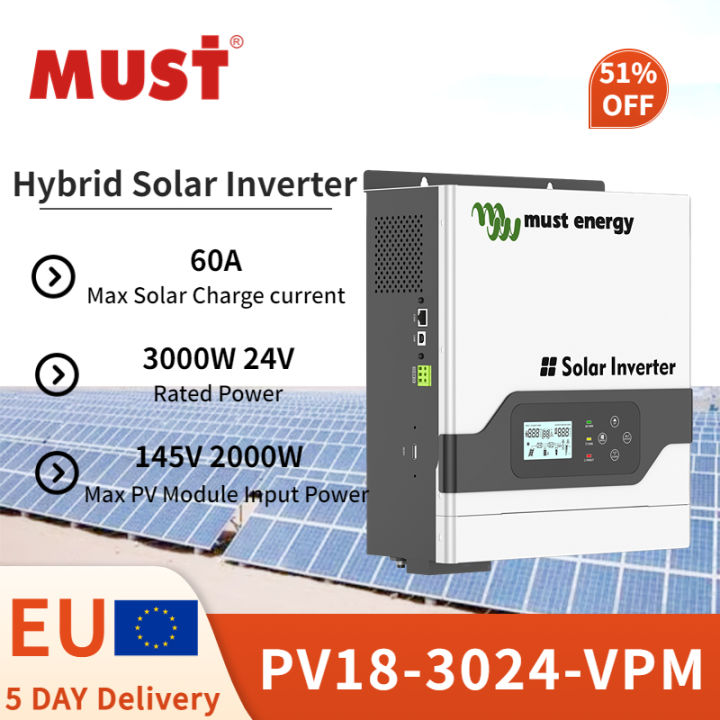 MUST Hybrid LiFePO4 Solar Inverter 24V 3KW 3000W Pure Sine Wave Off Grid 230VAC Output Build in ...