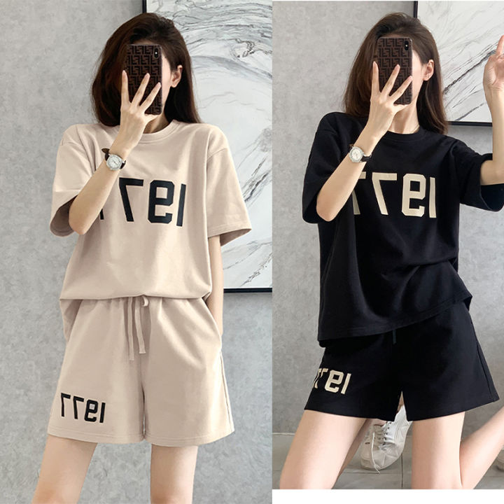 2pcs/set Plus Size Sportswear Suit Korean Women's Round Neck Short Sleeves Tops+Elastic Waist ...