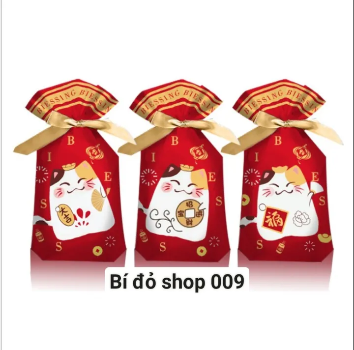 Set 50 túi RÚT NƠ Mèo Tài Lộc ĐỎ đựng bánh, kẹo Tết size 15,5cm*23cm ...