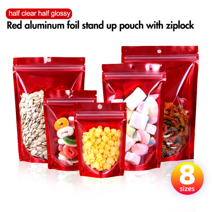 100pcs Half Red Aluminum Half Clear Stand Up Pouch Packaging Resealable | Lazada PH