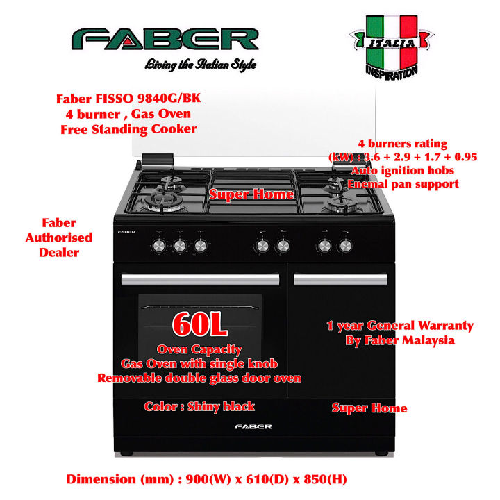 Faber Free Standing Cooker FISSO 9840G/BK Gas Oven with 4 burner ...
