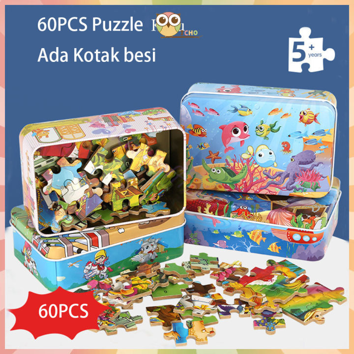 Mainan Edukasi Puzzle Kayu 60pcs Kotak Besi / jigsaw puzzle kaleng ...
