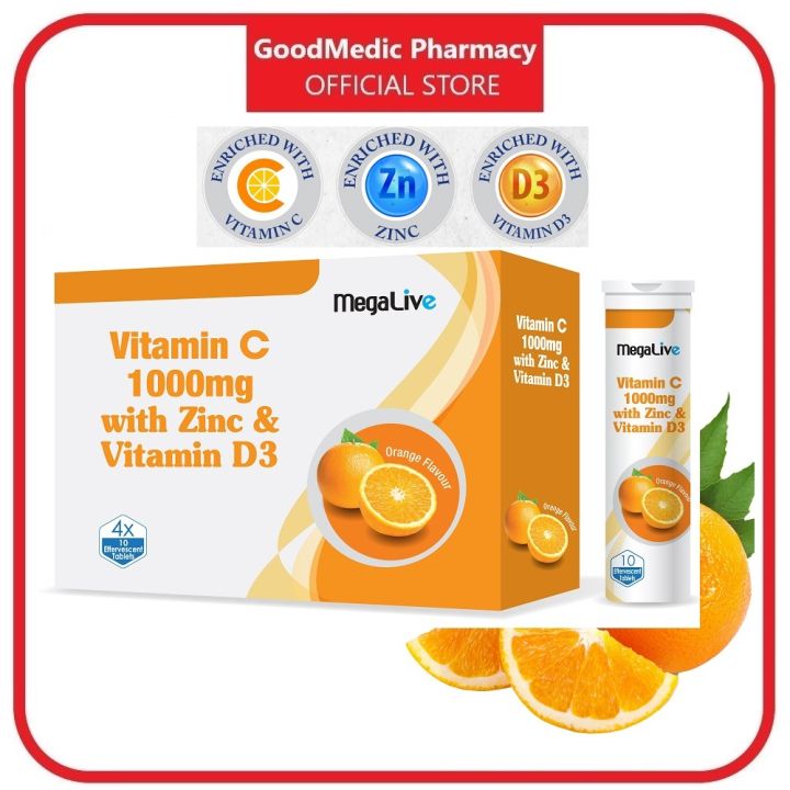 MegaLive Vitamin C 1000mg Effervescent 10 with Zinc & Vitamin D3 10s (1 Tube) | Lazada