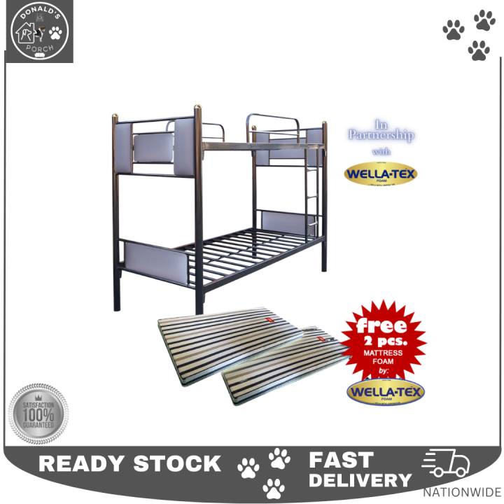CALEB DOUBLE DECK METAL BED FRAME PADDED HEADBOARD WITH 2 MATTRESS (3 ...