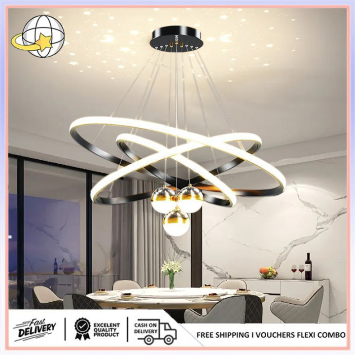 LED Pendant Light Three Rings Star Projection Ceiling Pendant Light Tri ...