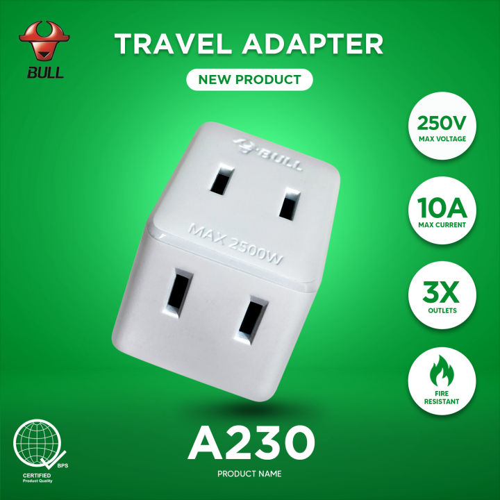 Bull A230 High Quality Travel Adapter Plug, ABS Plastic 3 Gang Plug ...