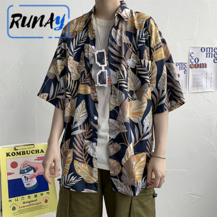 RUNAY เสื้อลายดอกแขนสั้นผู้ชาย 2023 ฤดูร้อนคู่หลวมเสื้อชายหาดฮาวาย ...