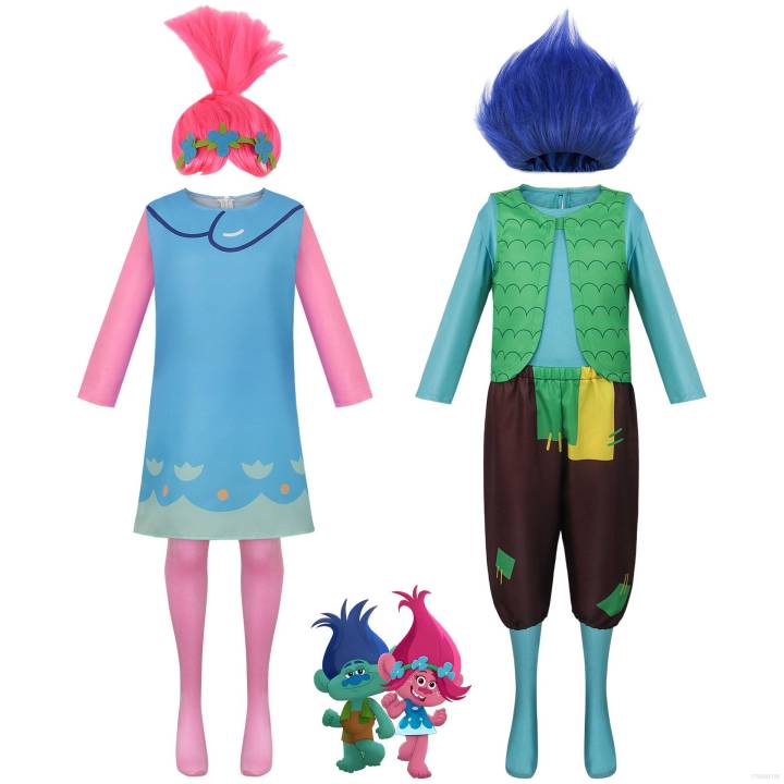 TM Trolls Poppy Branch Cosplay Costume Wig Dress Kids Adult Cartoon ...