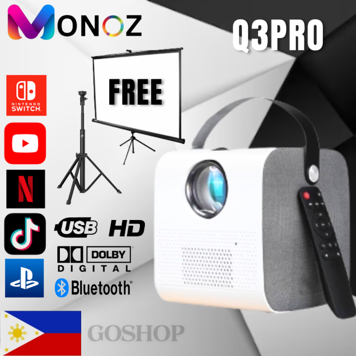 (MONOZ) Projector Q3 Pro with Stand and Screen 4K UHD Projector Resolution Built-in Android OS ...