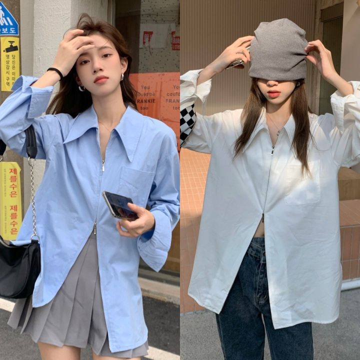 เสื้อเชิ้ตผู้หญิง เสื้อโปโล oversize สไตล์เกาหลี เรียบๆท รงเกร๋ #2386 ...