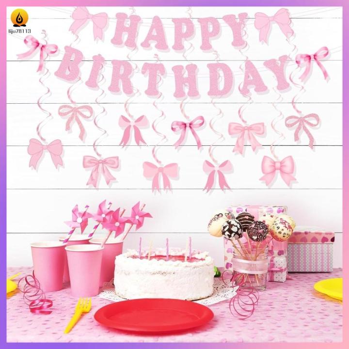 LIJU78113 Bow Theme Happy Birthday Banner Spiral Bow Pattern Paper ...