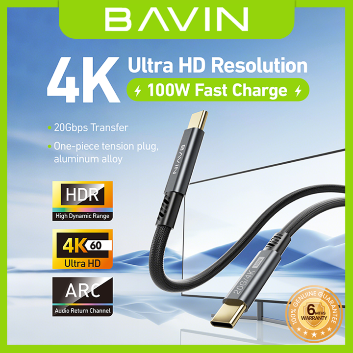 BAVIN HD24 100W Fast Charging Type-C to Type-C Cable w/ 4K60Hz Ultra HD & 20Gbps Plug & Play for ...