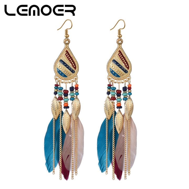 Lemeer ต่างหูขนพู่ยาวหลากสีสไตล์โบฮีเมียนสำหรับผู้หญิงต่างหูระย้า ...