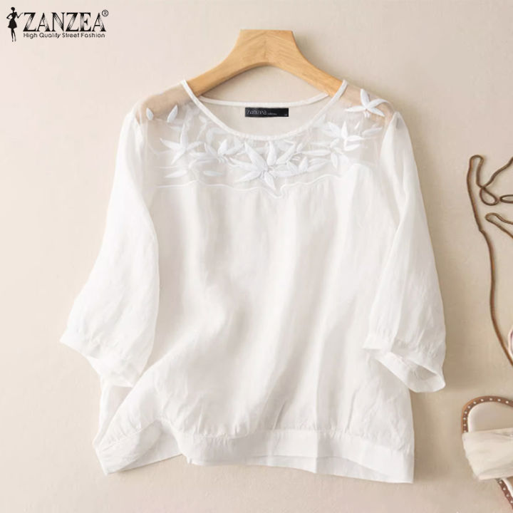 Zanzea Womens Blouse Vintage Embroidery Casual 3 4 Sleeve O Neck Lace