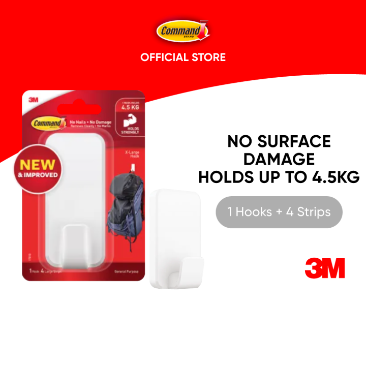 3M™ Command™ Utility Hooks, 17010, No Surface Damage, Holds Up to 4.5kg, 1 hook + 4 strips, X ...