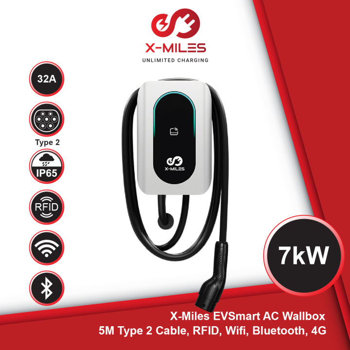 X-Miles EVSmart XMT-EVL006 AC EV Charger 1-Phase (7.4kW/32A) | 5M Type 2 Cable - White | EV Car ...