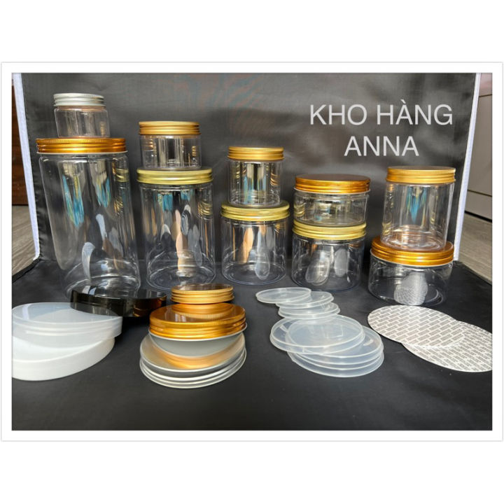 HỘP NHỰA THỰC PHẨM TRONG SUỐT NẮP NHÔM VÀNG BẠC có seal lót tự dính - HỦ PET TRONG 1kg 750g 500g ...