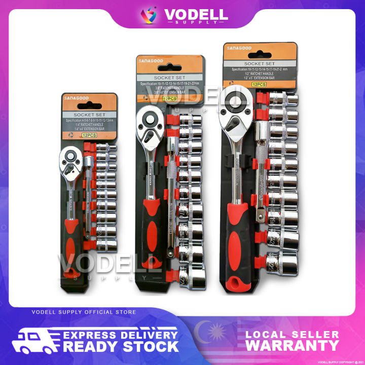 12pcs 1/4", 1/2" & 3/8" Set Ratchet Wrench Socket Set Vanadium CR-V High Quality Tools Repair ...