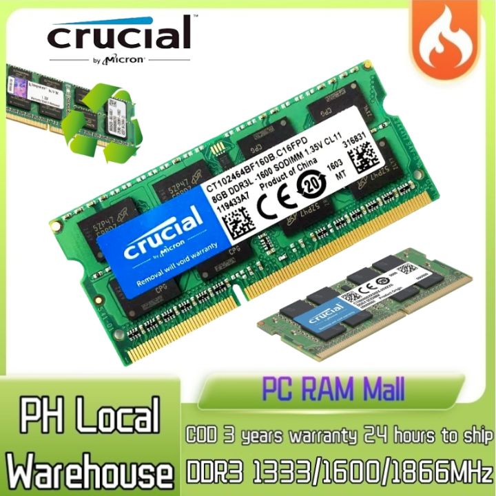【Local 24H ship】Crucial 8GB DDR3 1.5V 1600Mhz Laptop RAM PC3-12800 DDR3L 1.35V 204pin SO-DIMM ...